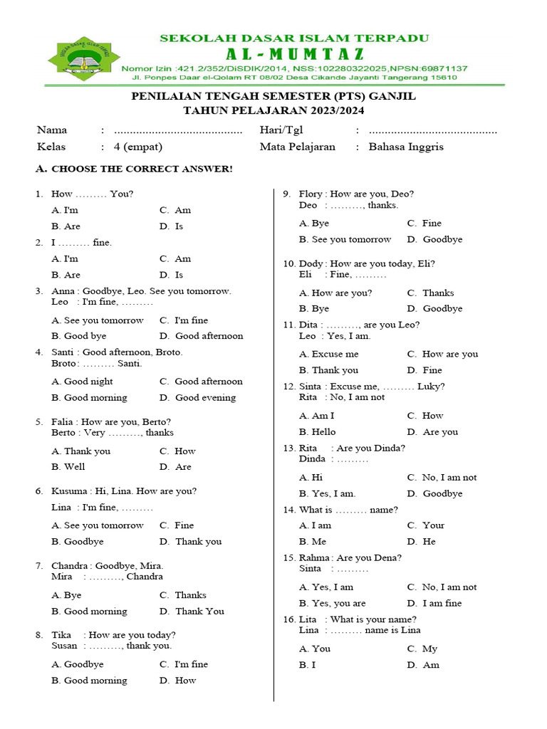 2324 Soal Pts Bing SD 4 s1 | PDF | Science | Observation