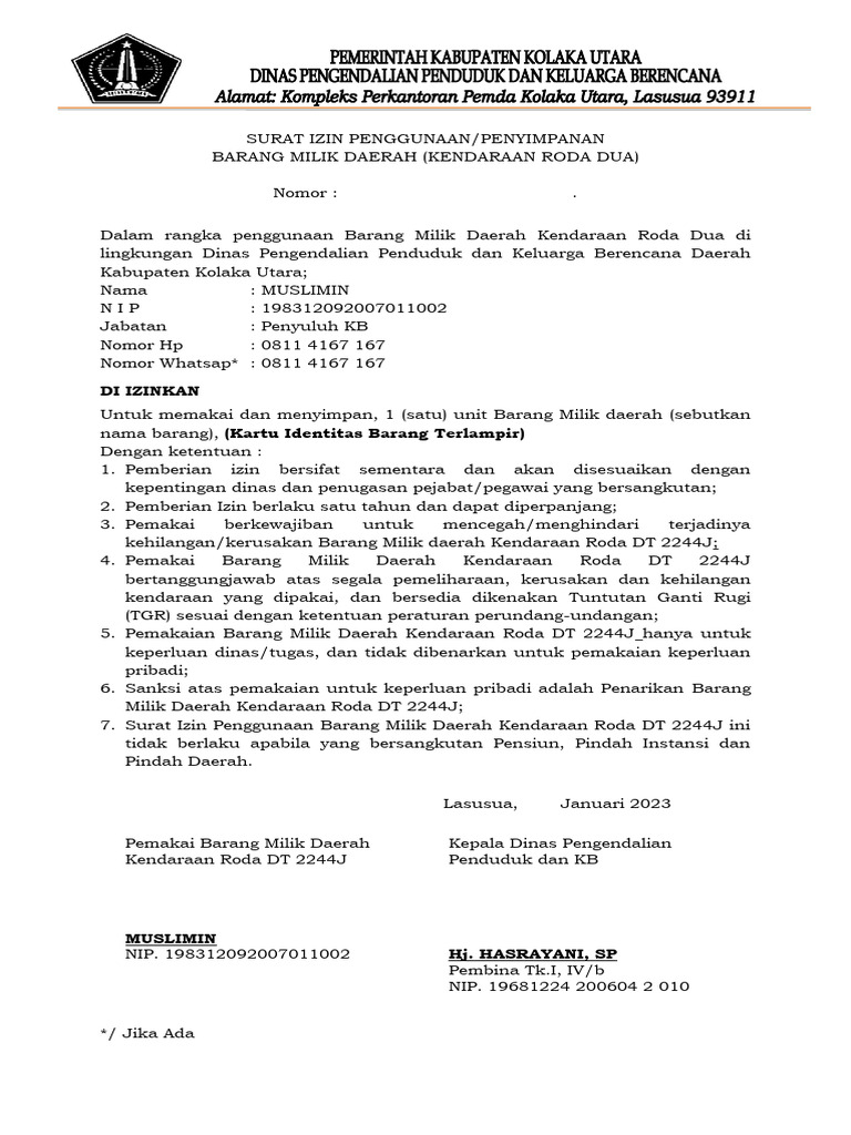 Surat Izin Penggunaan BMD | PDF