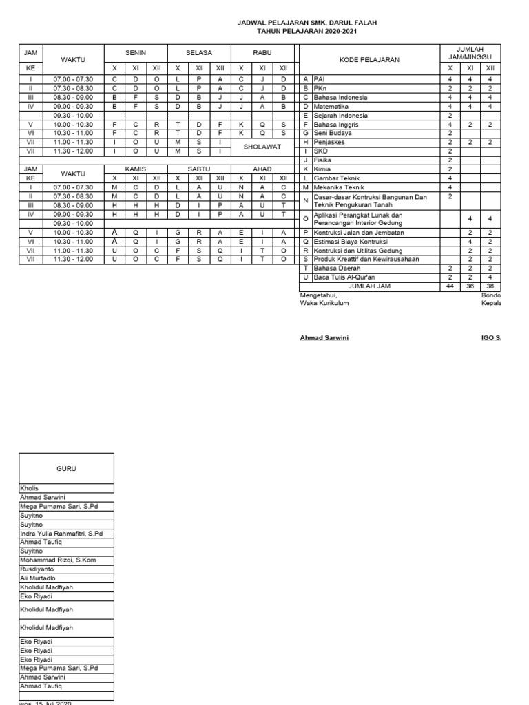 Jadwal Pelajaran SMK Darul Falah 2020-2021 | PDF