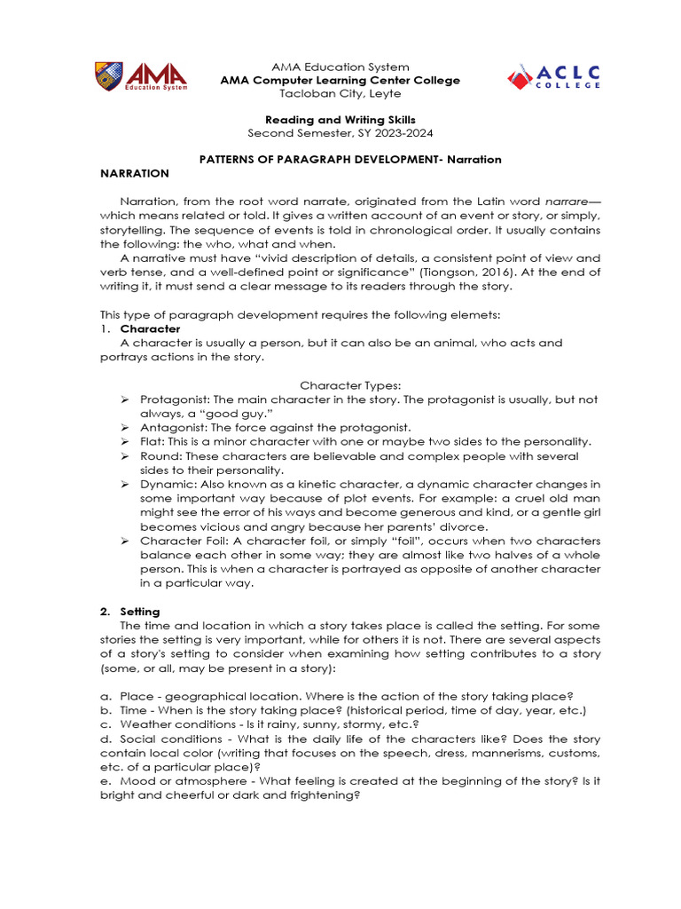 Lesson 4 Patterns of Paragraph Development Narration | PDF | Plot ...