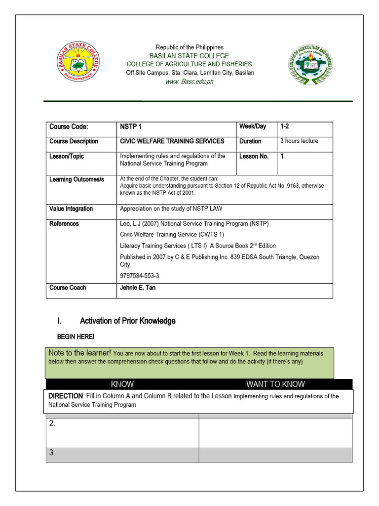 NSTP 1 First Module | PDF | Reserve Officers' Training Corps | Learning