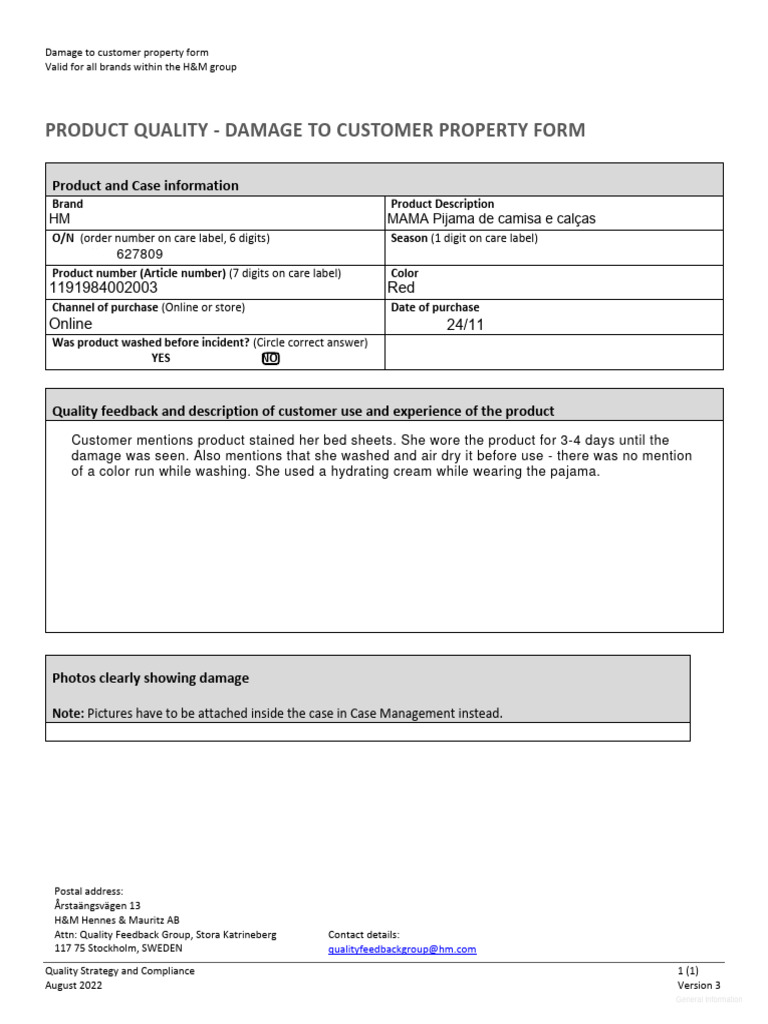 H&M Customer Property Damage Form | PDF