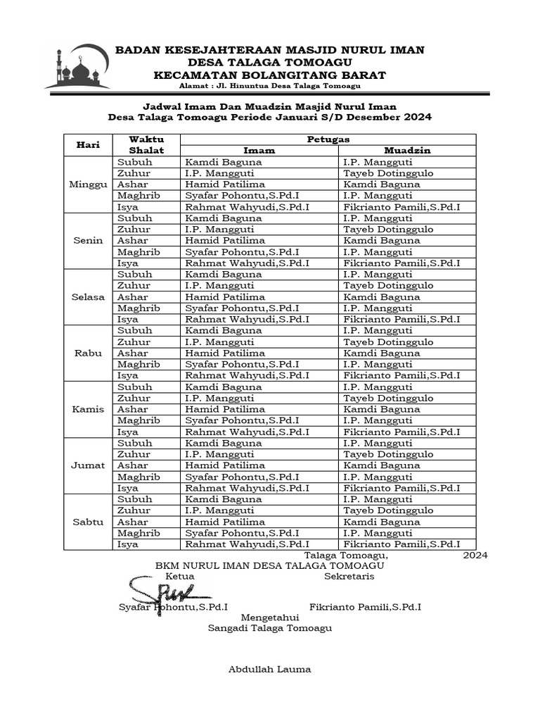 Jadwal Iman Dan Muadzin 2024 | PDF
