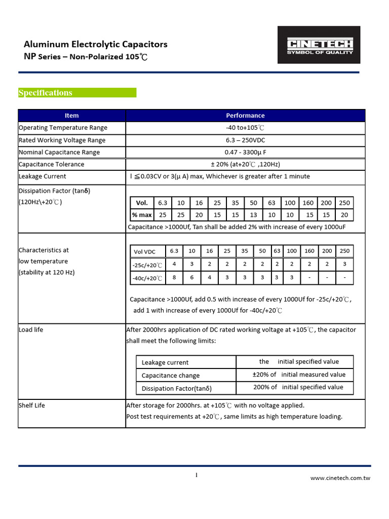 Cinetech (Radial Non-Polar) NP Series | PDF | Capacitor | Electronic ...