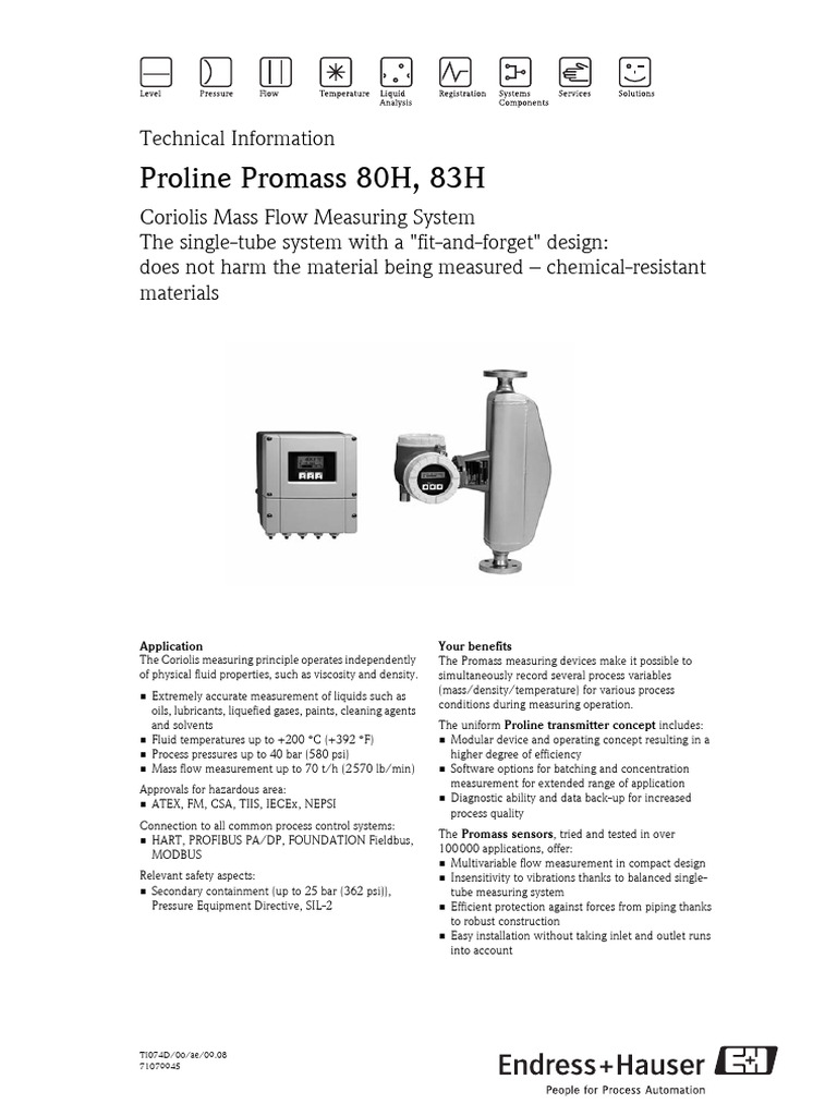Especificaciones Promass 83H | PDF | Power Supply | Flow Measurement