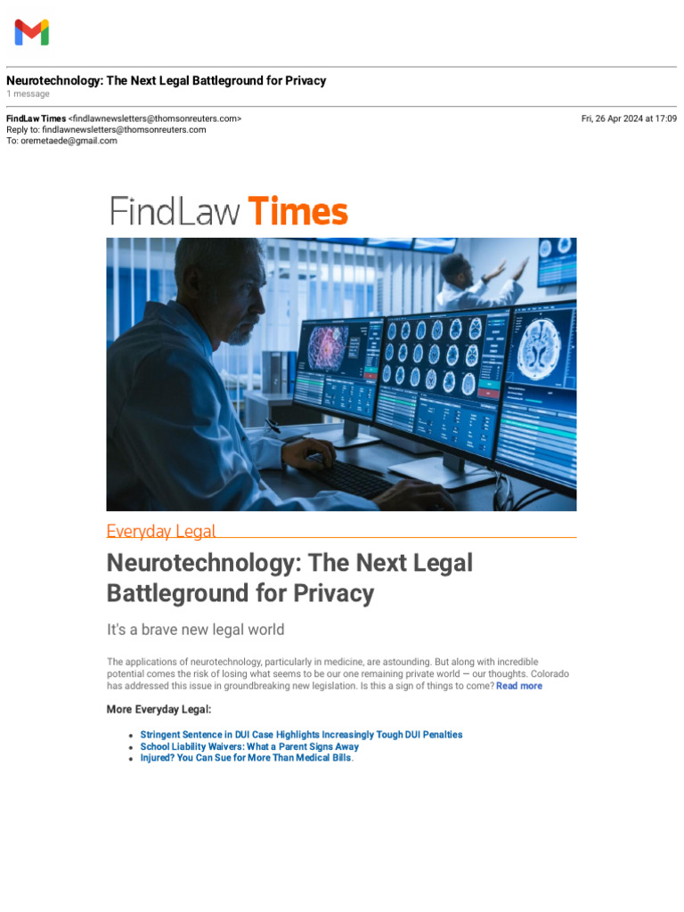 Gmail - Neurotechnology - The Next Legal Battleground For Privacy | PDF | Common Law | Justice