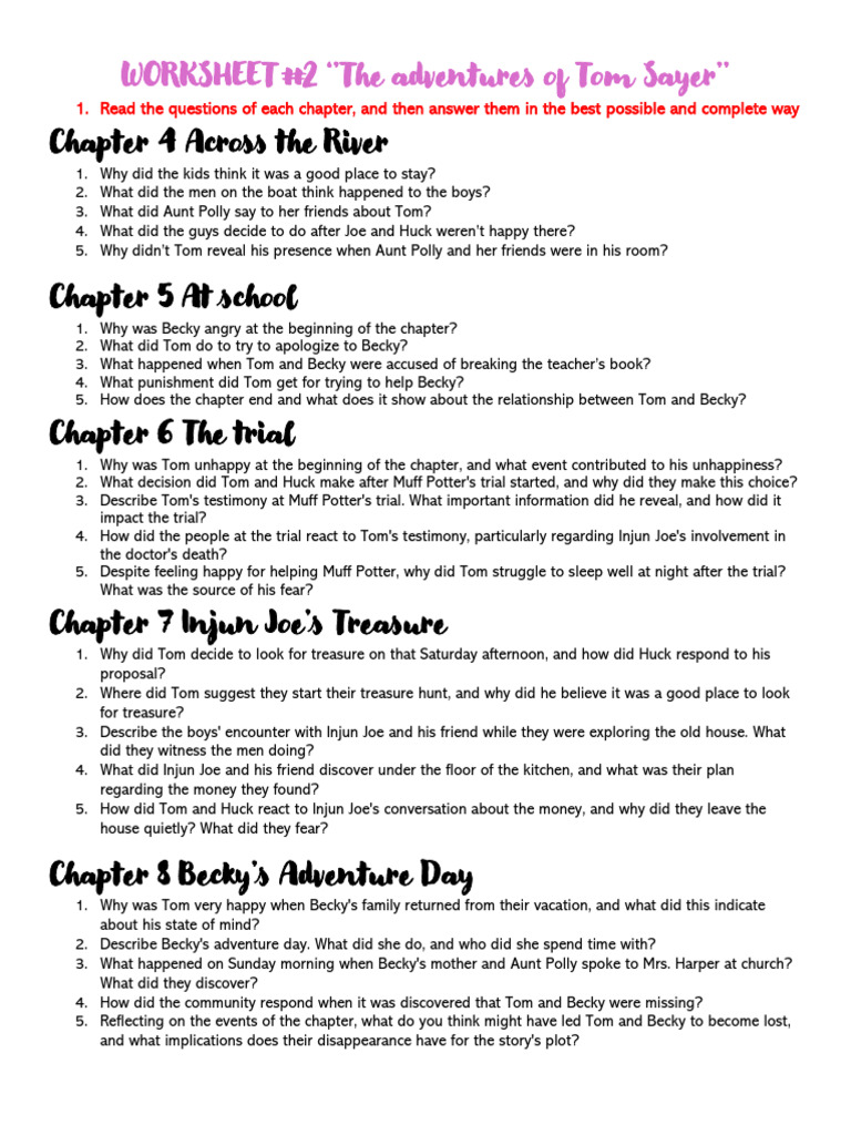 Tom Sawyer Chapter 4-8 Worksheet | PDF | The Adventures Of Tom Sawyer