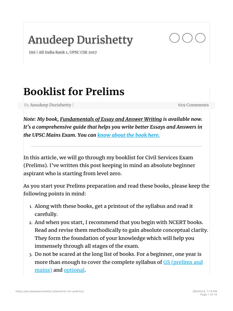 Booklist For Prelims - Anudeep Durishetty | PDF