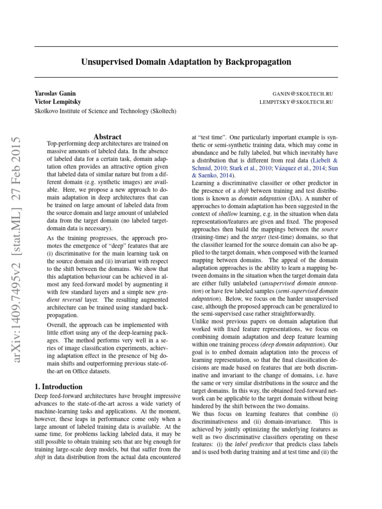Unsupervised Domain Adaptation by Backpropagation | PDF | Machine Learning | Computational ...