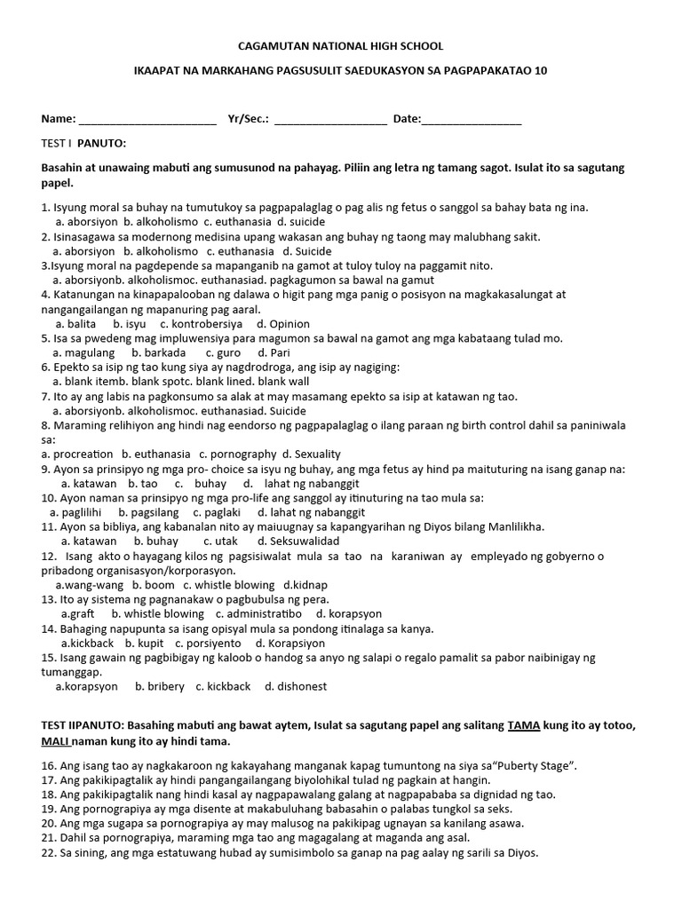 esp 10 4rth quarter exam | PDF