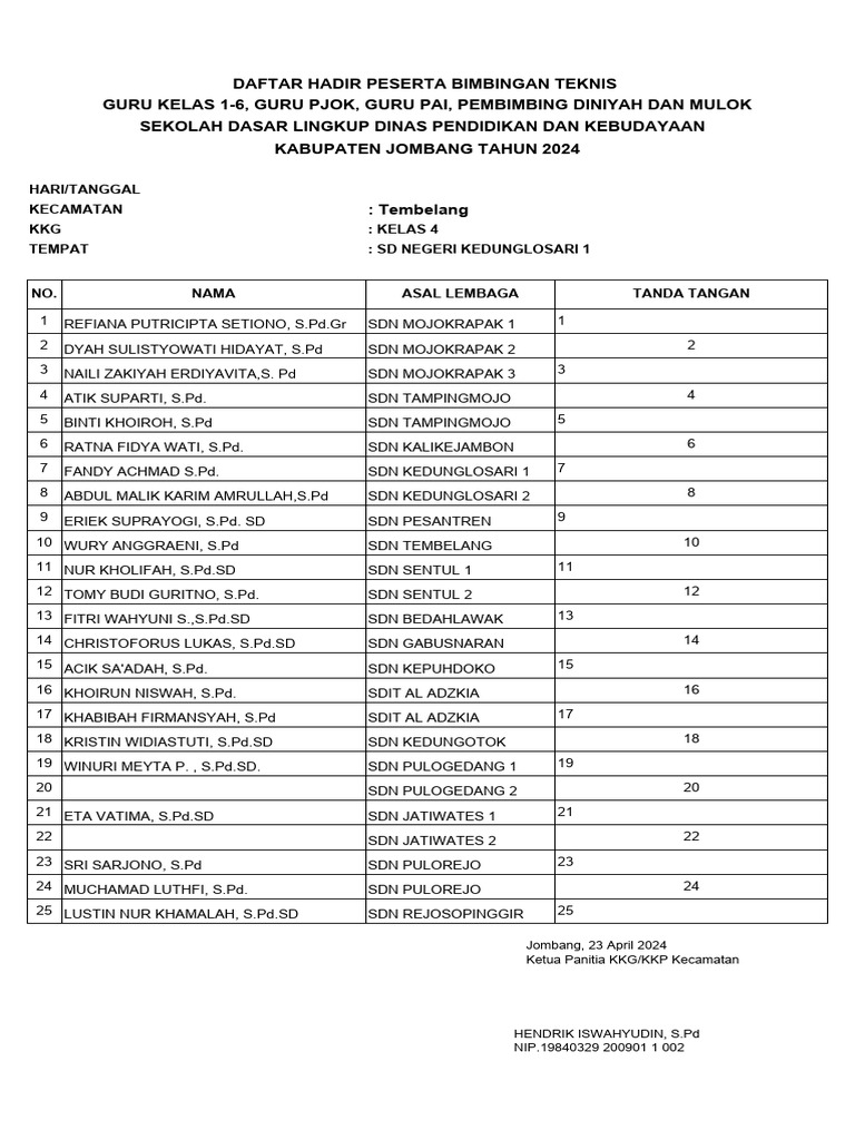 Daftar Hadir Bimbingan Teknis 2024 | PDF