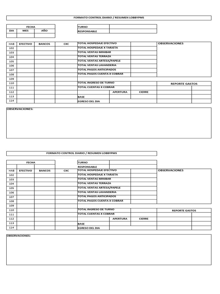 Planilla Diaria Resumen Lobby | Descargar gratis PDF | Bebidas con ...