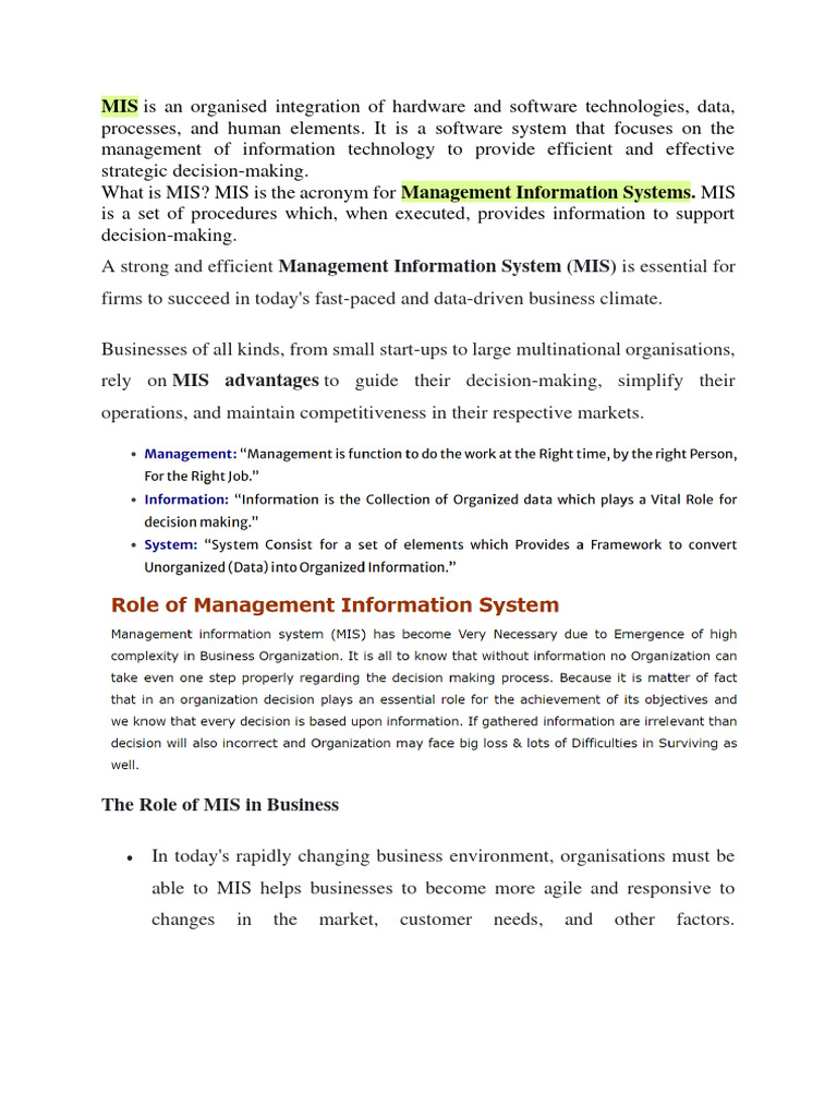 MIS Is An Organised Integration of Hardware and Software Technologies, Data | Download Free PDF ...