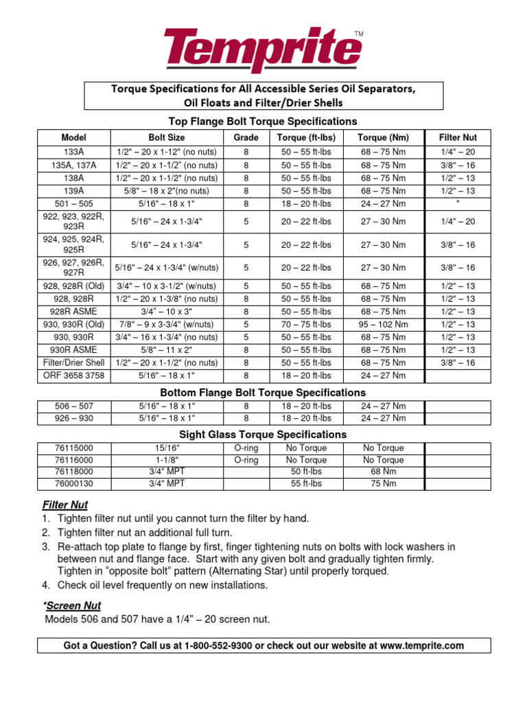Torque Specs for Oil Separators | PDF | Nut (Hardware) | Metalworking