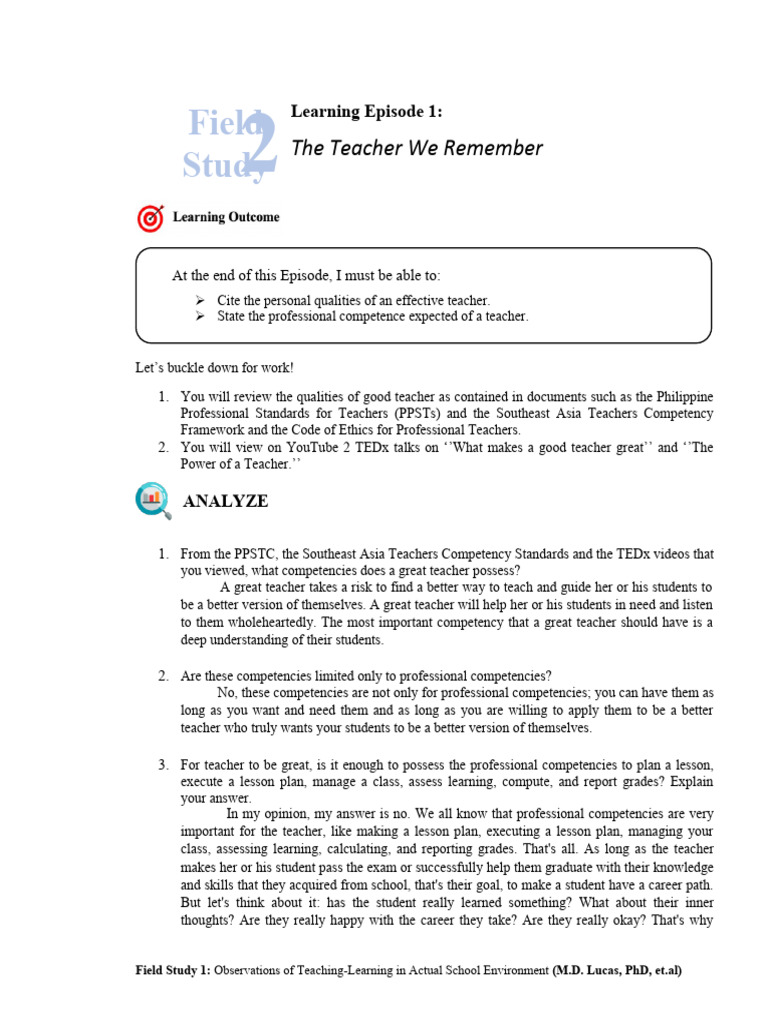 Learning-Episode-1 - Field Study 2 | PDF | Teachers | Lesson Plan