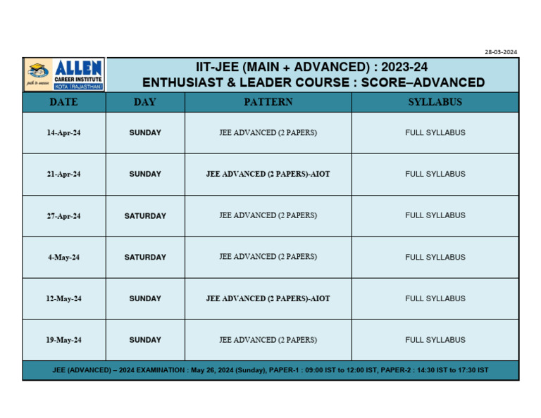 JEE Advanced 2024 Exam Schedule | PDF
