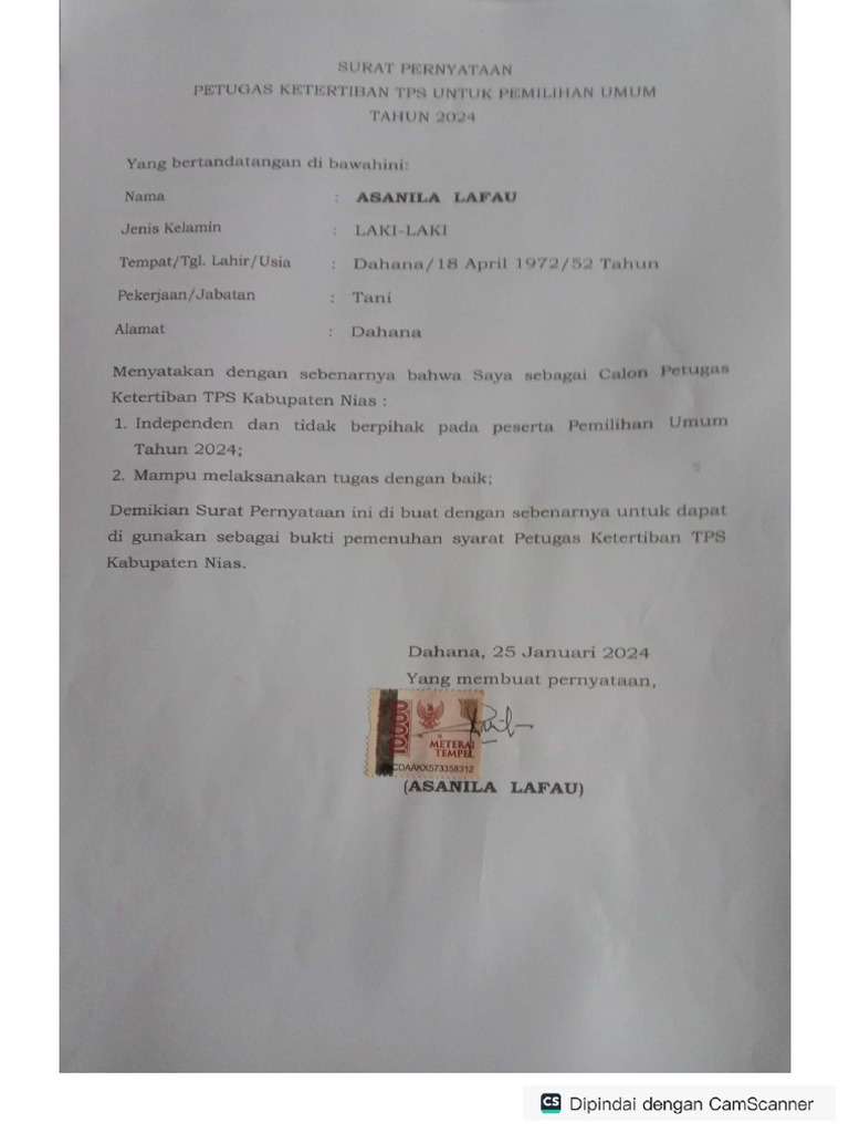 surat pernyataan PAM TPS DESA DAHANA | PDF