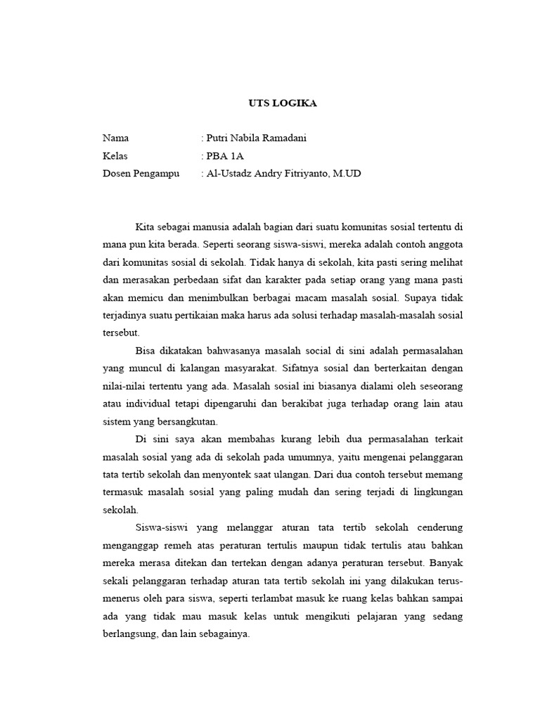 UTS LOGIKA - Putri Nabila Ramadani (PBA 1A) | PDF