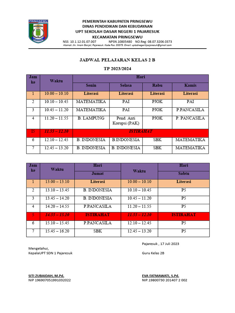 Jadwal Kelas 2B SDN 1 Pajaresuk | PDF