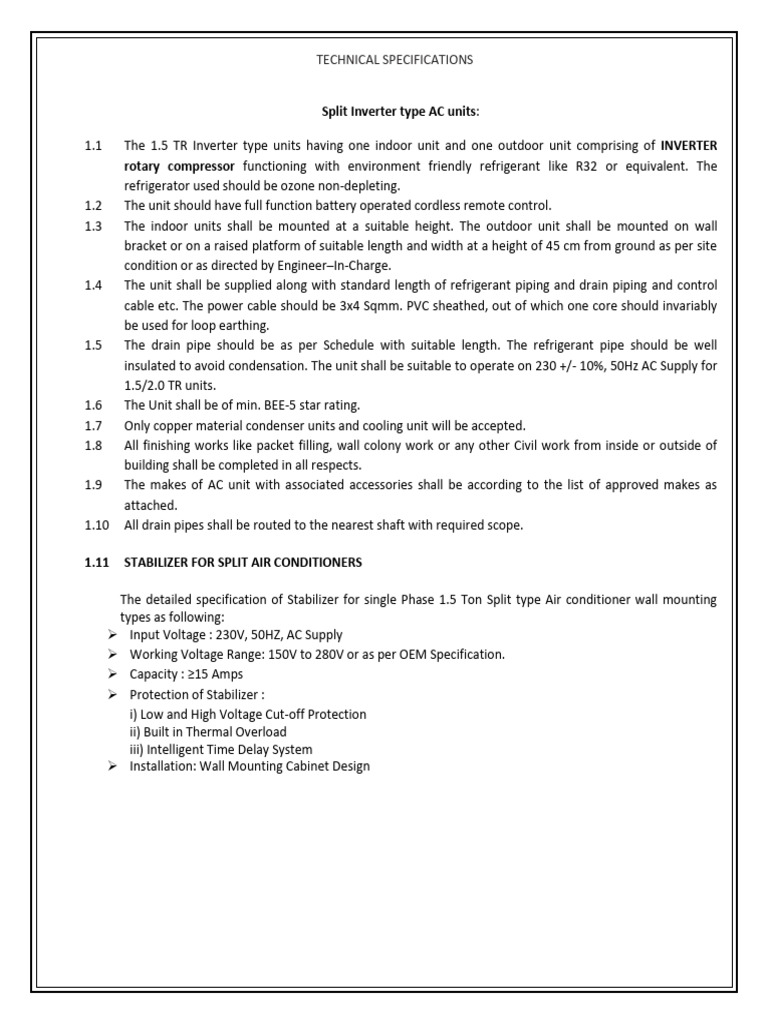 Split Inverter AC Technical Specifications | PDF | Air Conditioning ...