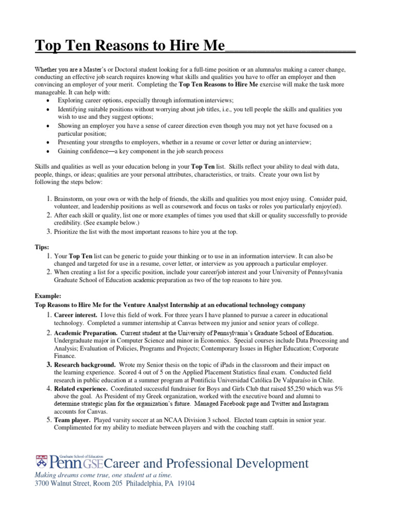 Top Ten Reasons To Hire Me: Career and Professional Development ...