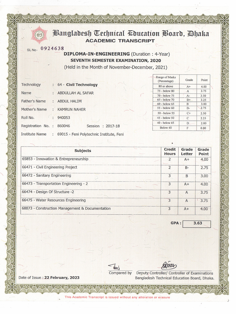 7th Semester Transcript - Abdullah Al Safar | PDF