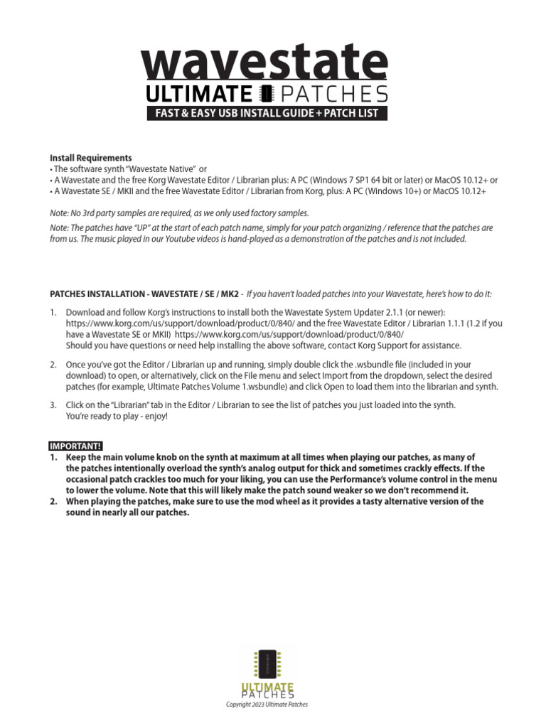 Korg Wavestate+Native IMPORTANT Install+Patchlist | PDF | Synthesizer | Music Technology