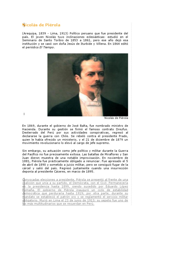 Nicolás de Piérola: Biografía y Gobierno | PDF | Gobierno | Política ...