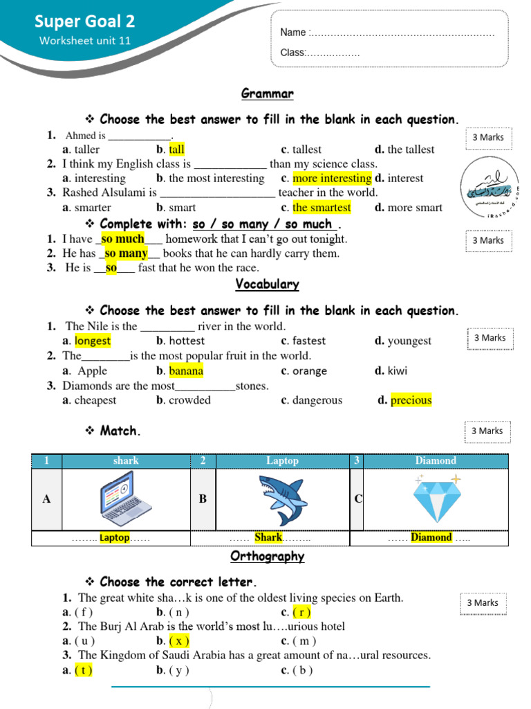 Super Goal 2 Worksheet 11 - Answers | PDF