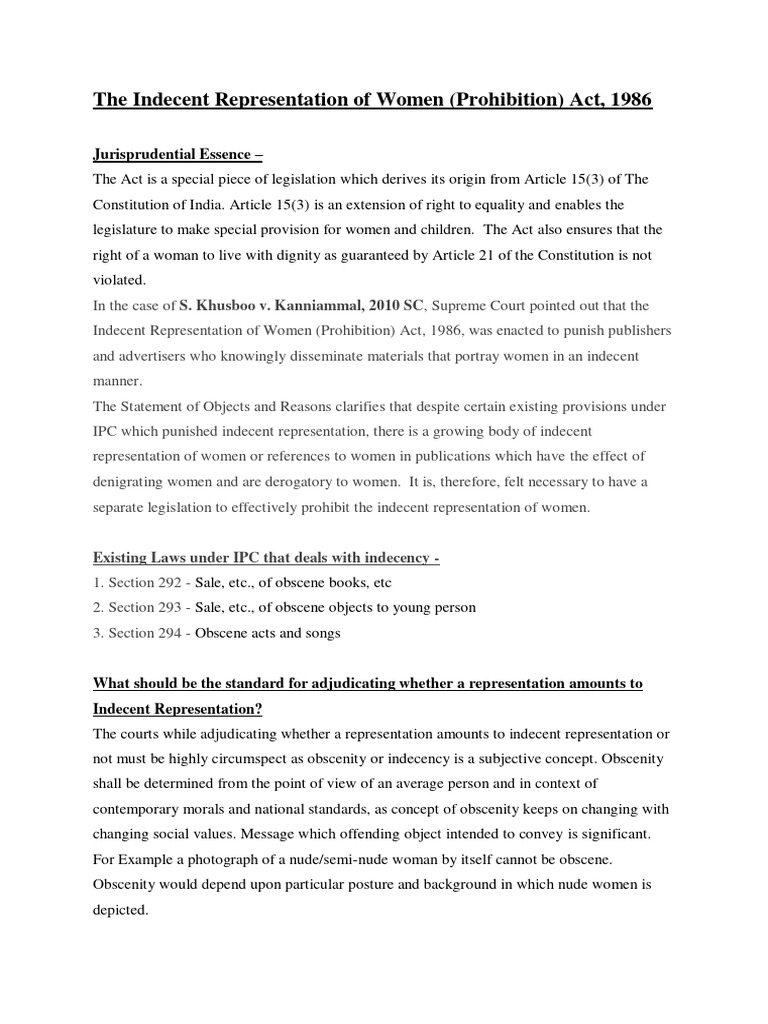 Indecent Representation of Women (Prohibition) Act, 1986 | PDF ...