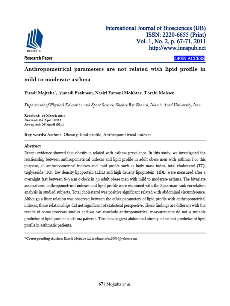 Anthropometrical Parameters Are Not Related With Lipid Profile in Mild To Moderate Asthma | PDF ...