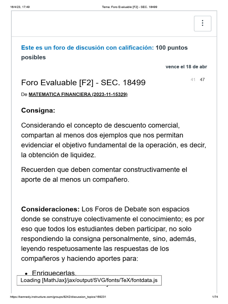 Tema - Foro Evaluable (F2) - SEC. 18499 Matematica Financiera | PDF | Bancos | Cheque
