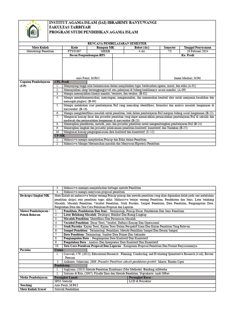 RPS RTM Metodologi Penelitian 2024 | PDF