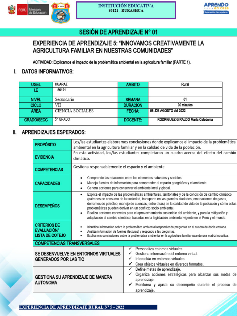 5° SESION 1 CCSS RURAL EDA 5-1o | PDF | Aprendizaje | Entorno natural