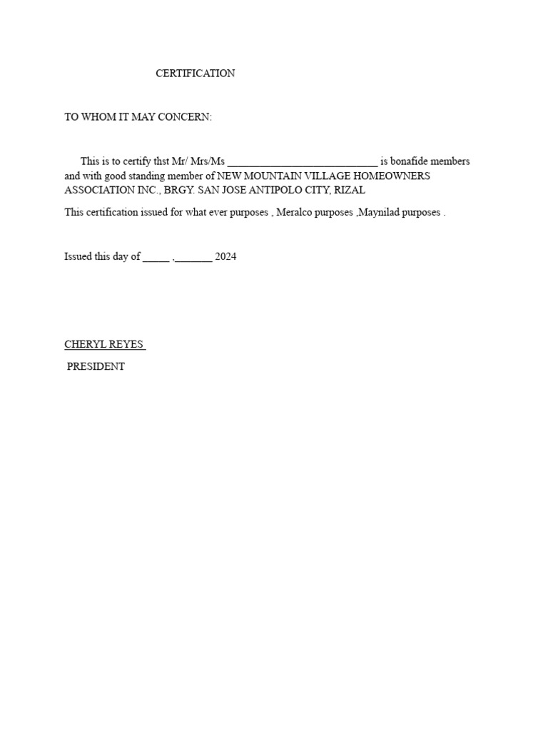 Homeowners Association Certification | PDF
