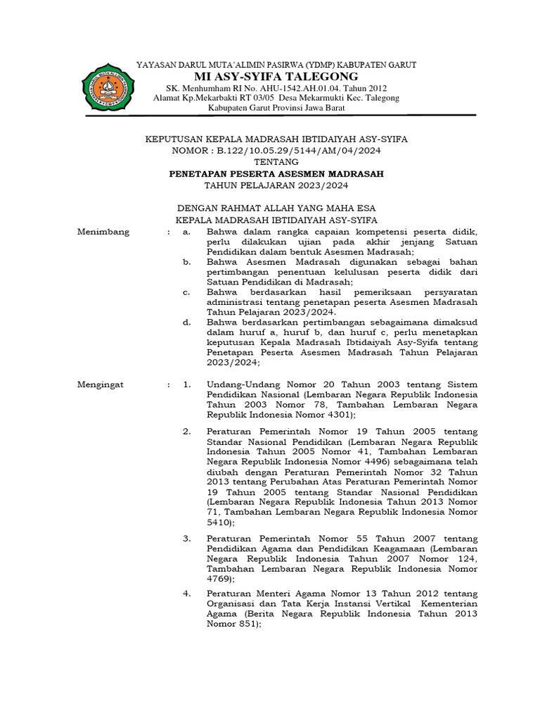 SK Peserta Asesmen Madrasah Madrasah Tahun 2024 | PDF