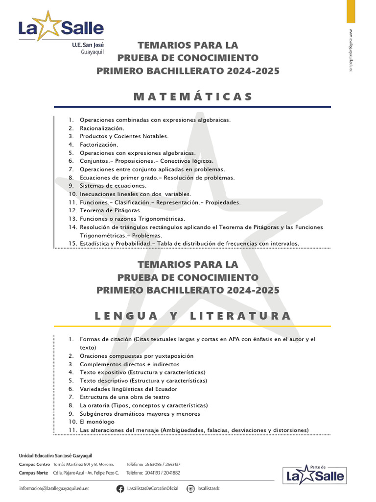 ADMISIONES 2024 - 2025 Temarios - 1ro Bachillerato 2024-2025 | PDF | Ecuaciones | Funciones ...