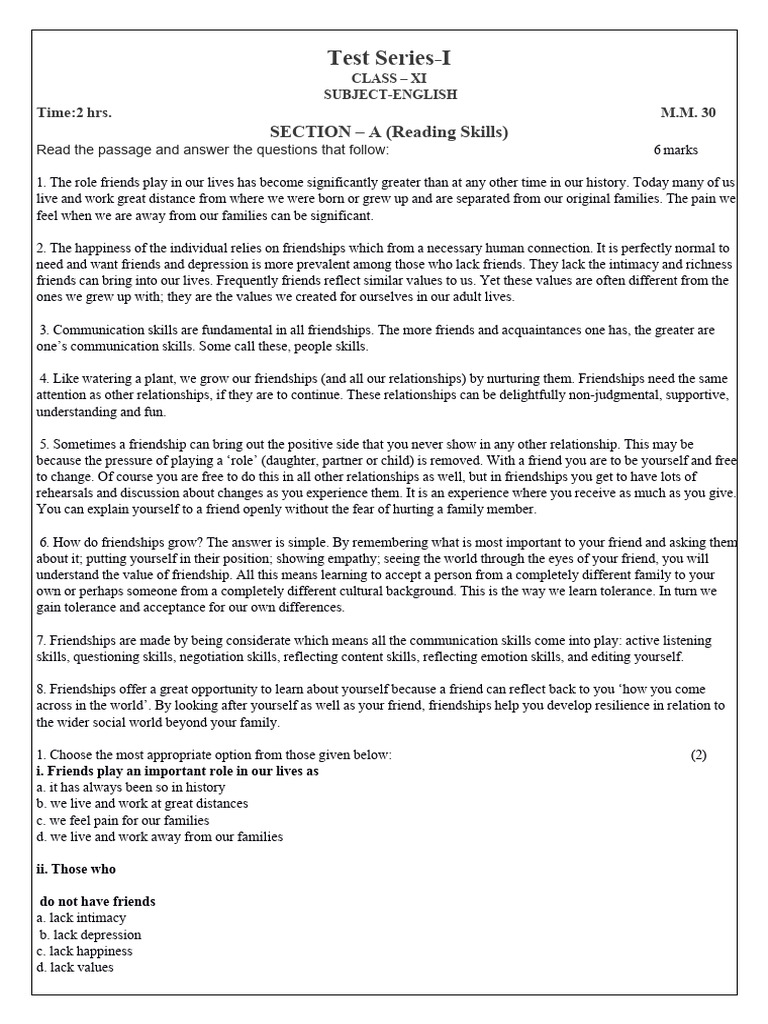 Class 11 Test Series 1final 1 | PDF | Friendship | Intimate Relationships