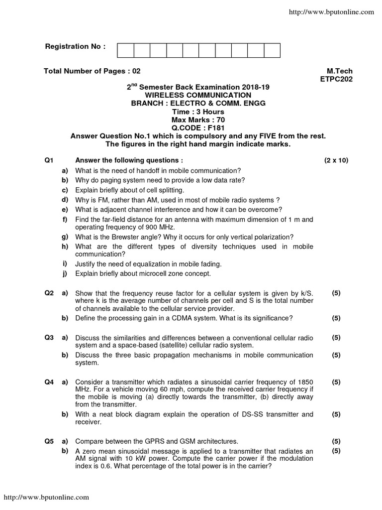 Mtech 2 Sem Ece Wireless Communication Etpc202 2019 | PDF | Cellular Network | Radio