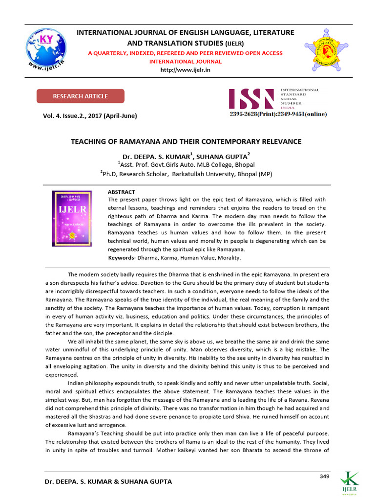 Teaching of Ramayana and Their Contemporary Relevance - Dr. Deepa Kumar, Suhana Gupta | PDF ...