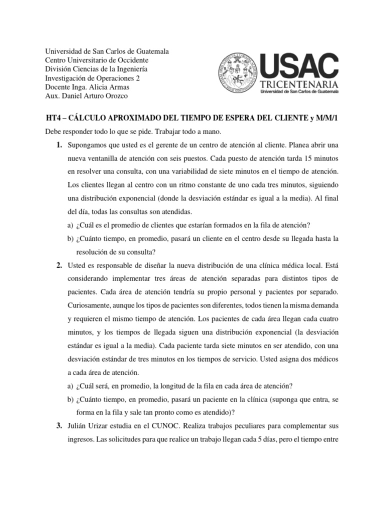 HT4 - Cálculo Aproximado Del Tiempo de Espera Del Cliente y MM1 - IO2 | PDF