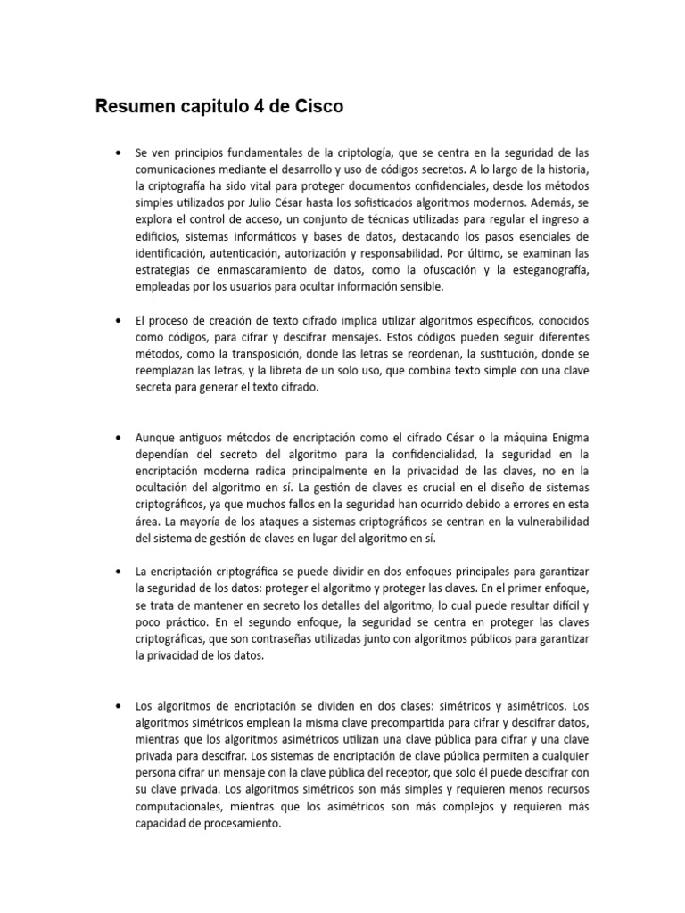 Resumen Capitulo 4 de Cisco | PDF | Clave (criptografía) | Cifrado