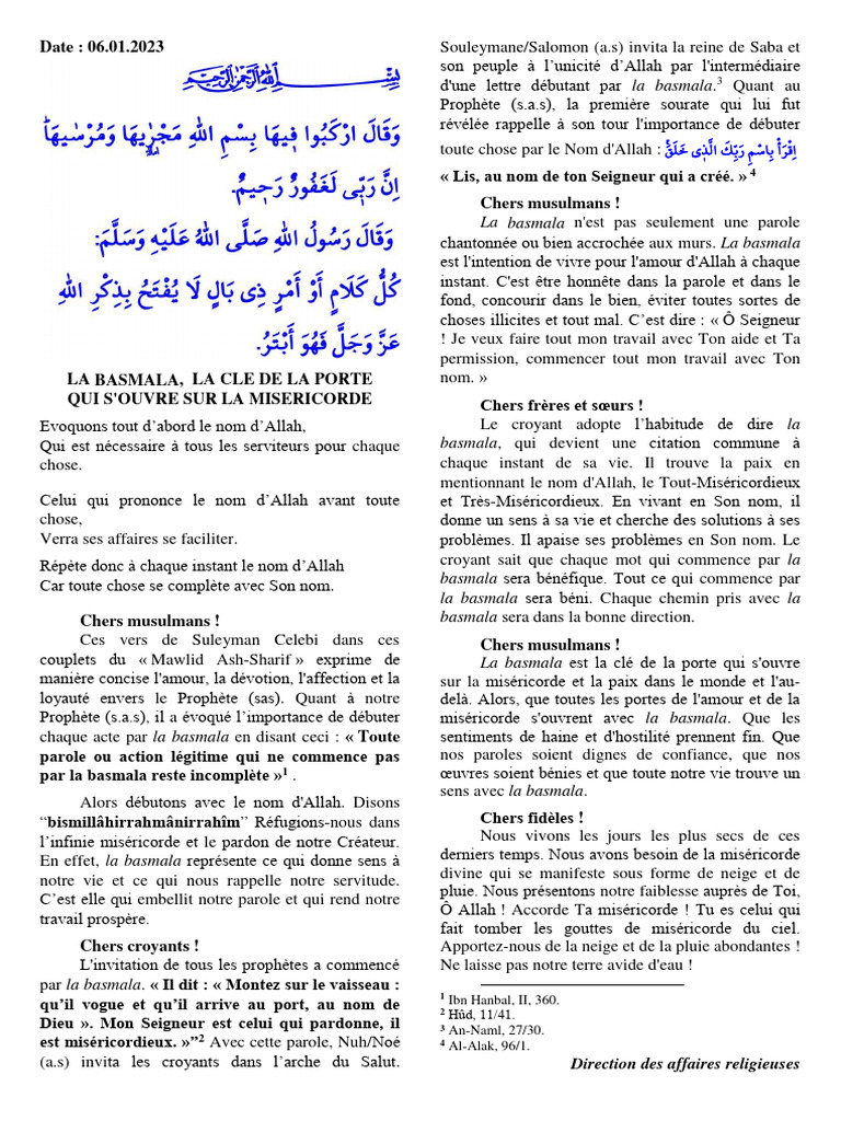 La Basmala, La Clé de La Porte Qui S'ouvre Sur La Miséricorde | PDF | Miséricorde | Allah