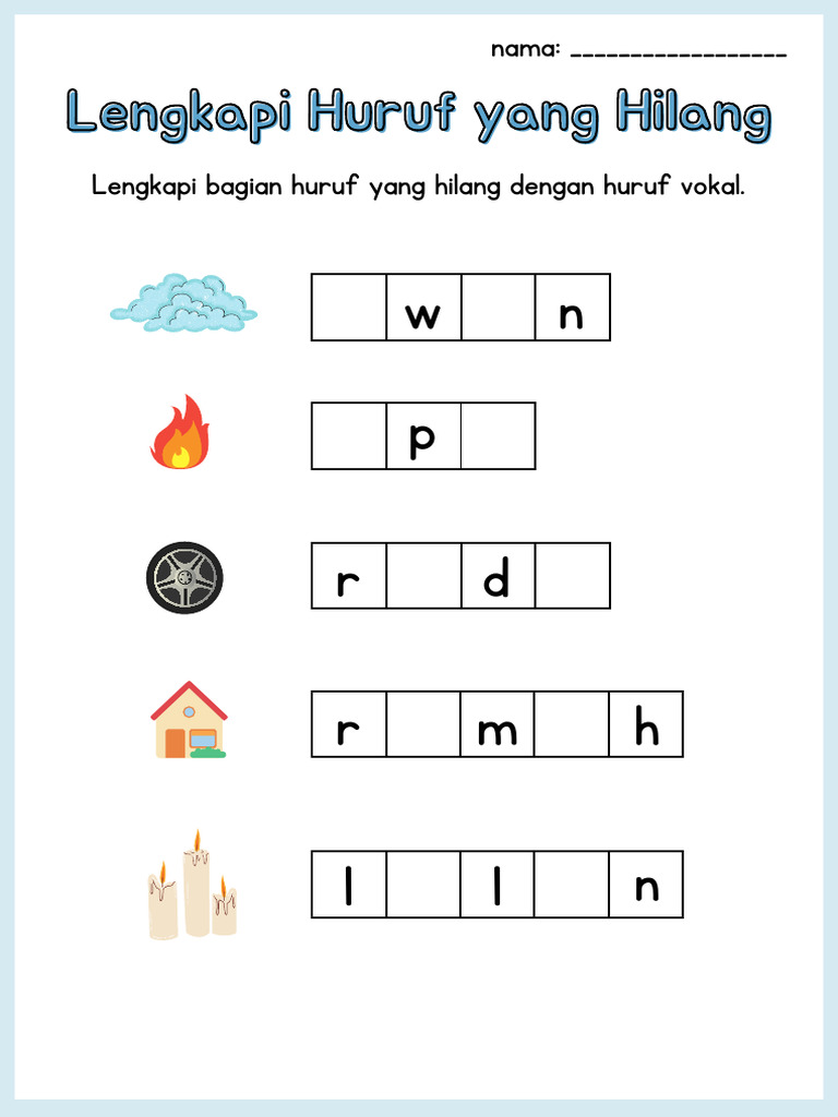 Worksheet Lengkapi Huruf Vokal | PDF | Seni & Disiplin Bahasa