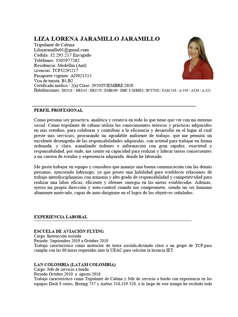 CV de Lorena Jaramillo Jaramillo | PDF | Auxiliar de vuelo | Transporte
