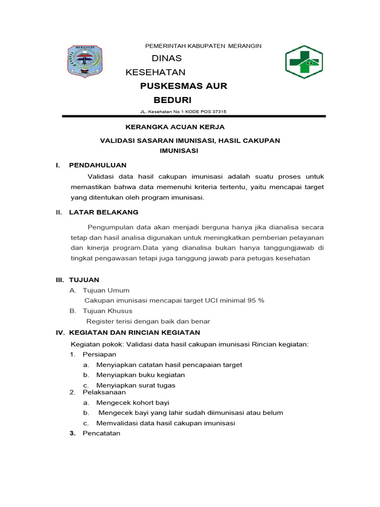 KAK Validasi Sasaran Imunisasi | PDF