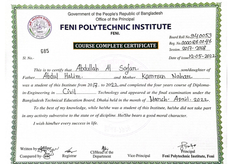 Course Complete Certificate, Diploma in Civil - Abdullah Al Safar | PDF