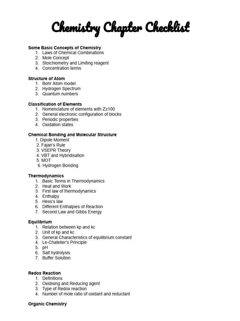 Chemistry Check List | PDF | Chemical Reactions | Chemistry