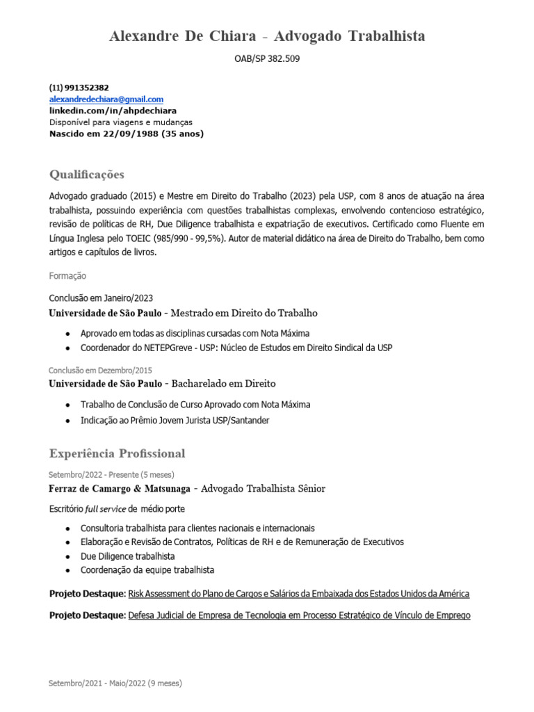CV Alexandre de Chiara - Advogado Trabalhista | PDF | Advogado | Gestão ...