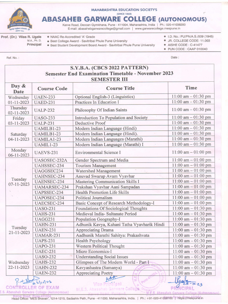 Sem End Exam Time Table CBCS 2022 Pattern Oct Nov 2023 | PDF | South Asia